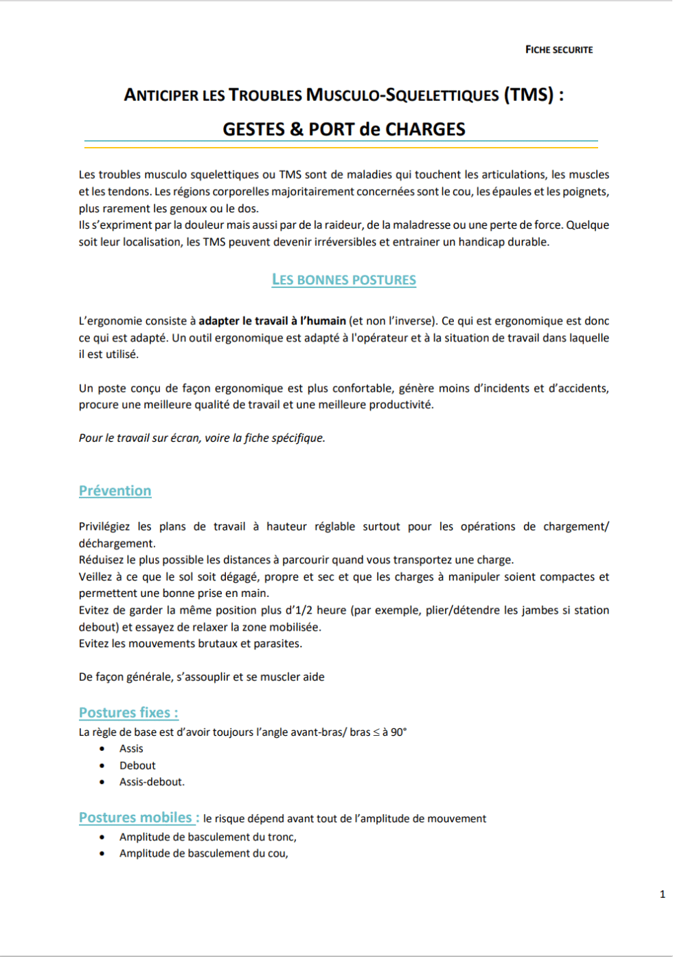 Fiche SECURITE- Postures et port de charges - Bretagne Plants